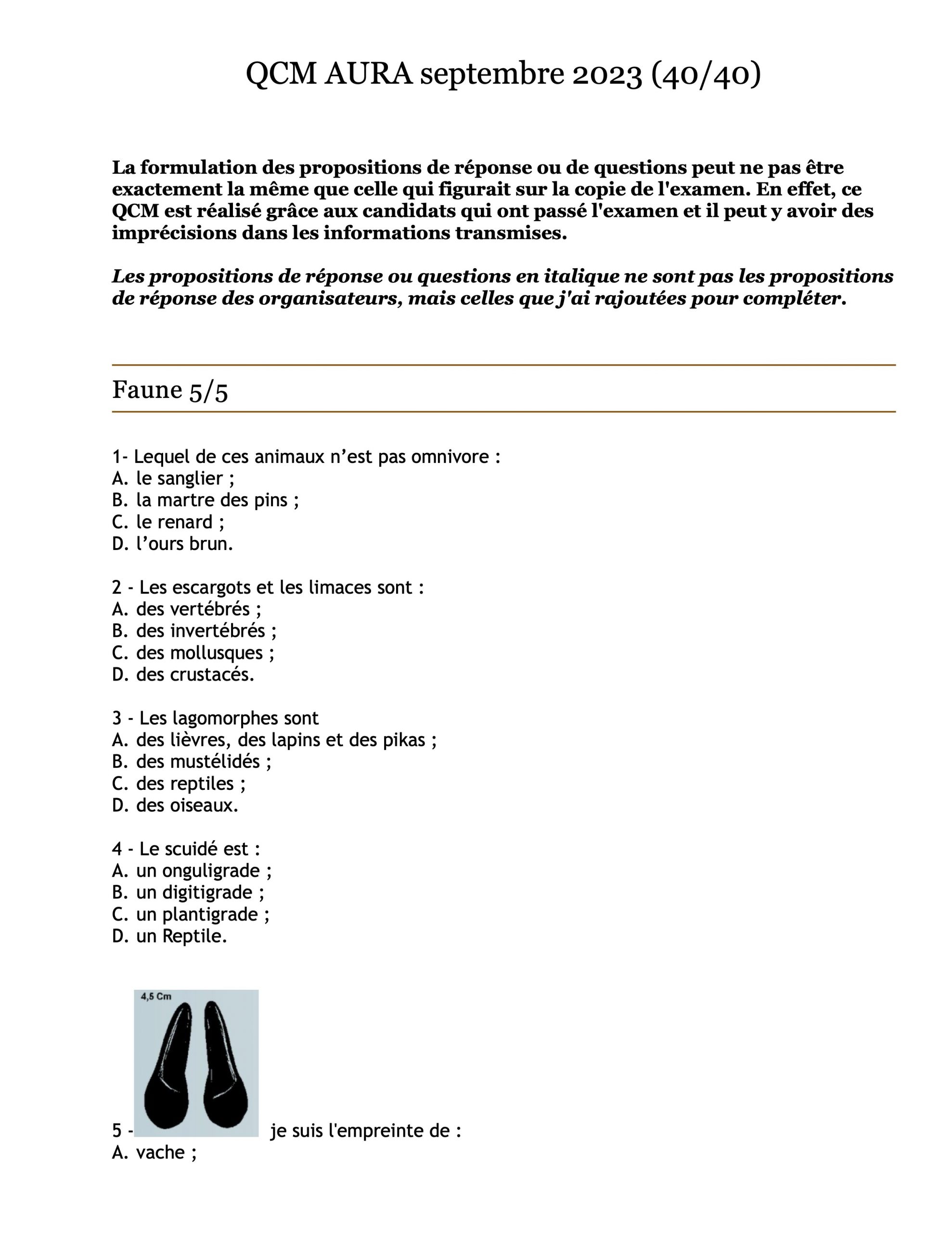 QCM AURA septembre 2023 - Probatoire Accompagnateur en Montagne
