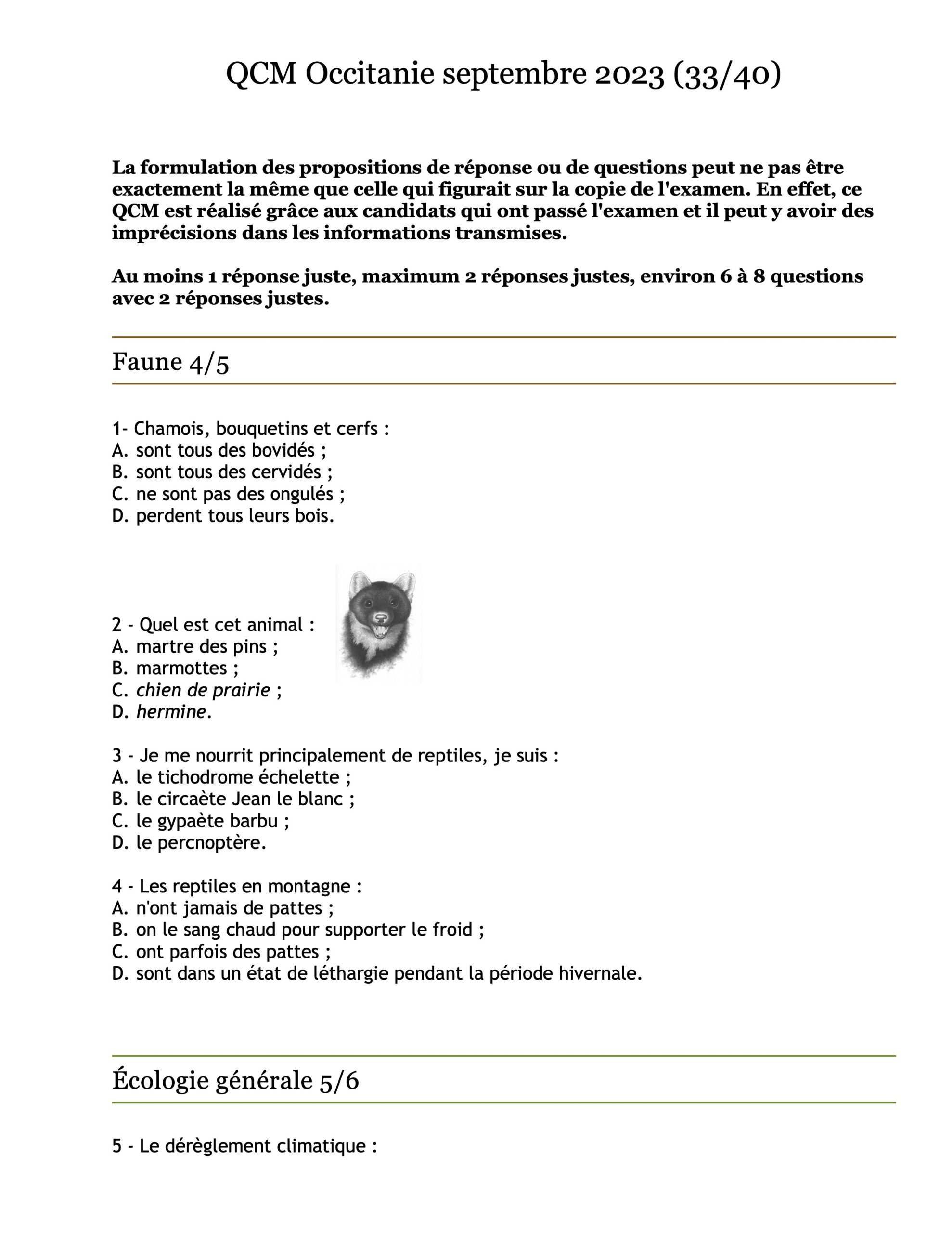 QCM Occitanie Septembre 2023 - Probatoire Accompagnateur en Montagne